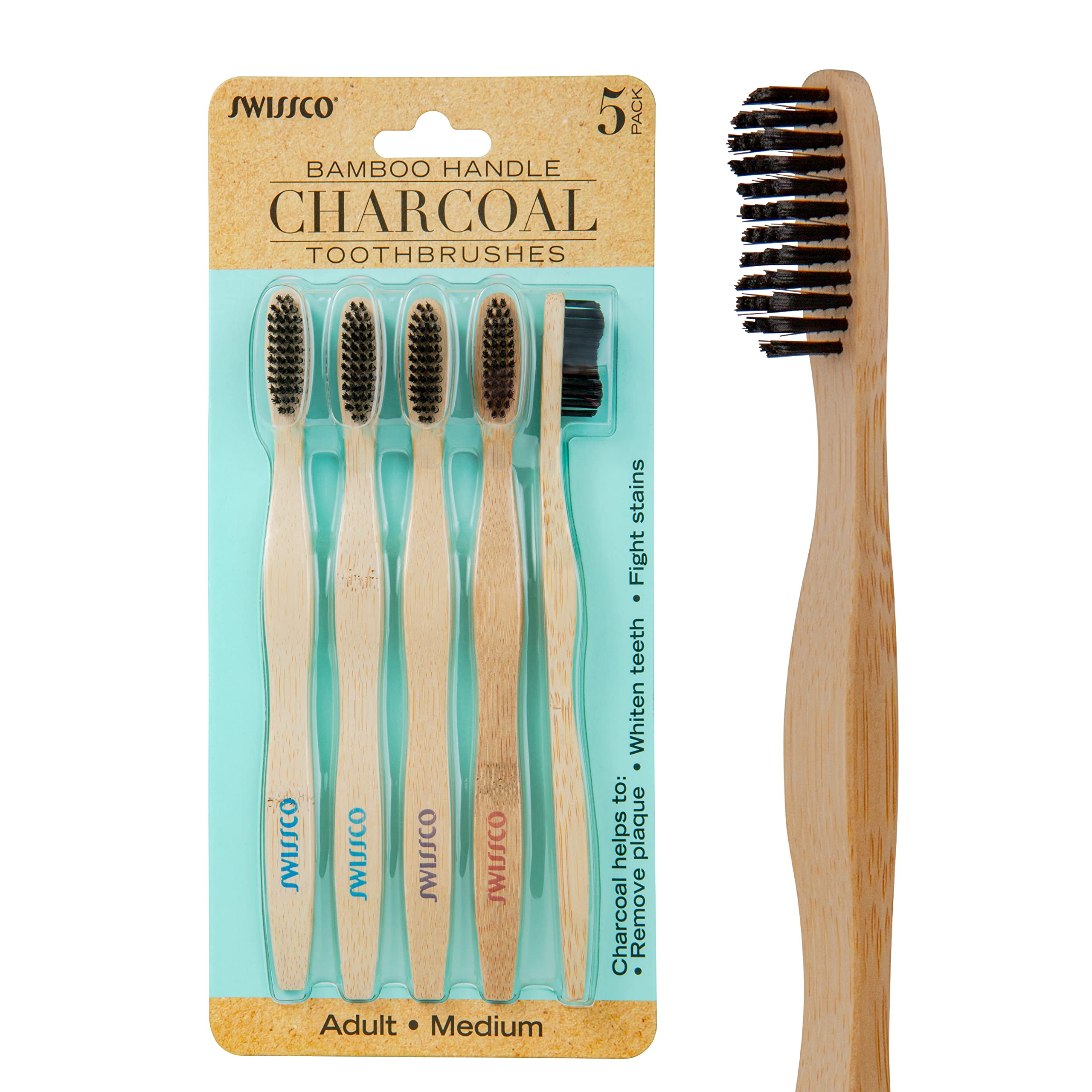 Swissco Bamboo Charcoal Toothbrushes Teeth Whitening Medium Toothbrush for Adults | Biodegradable Toothbrush | Eco Friendly Wooden Toothbrushes | 5-Pack