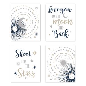 sweet jojo designs star and moon wall art prints room decor for baby, nursery, and kids - set of 4 - navy blue, gold, and grey celestial sky