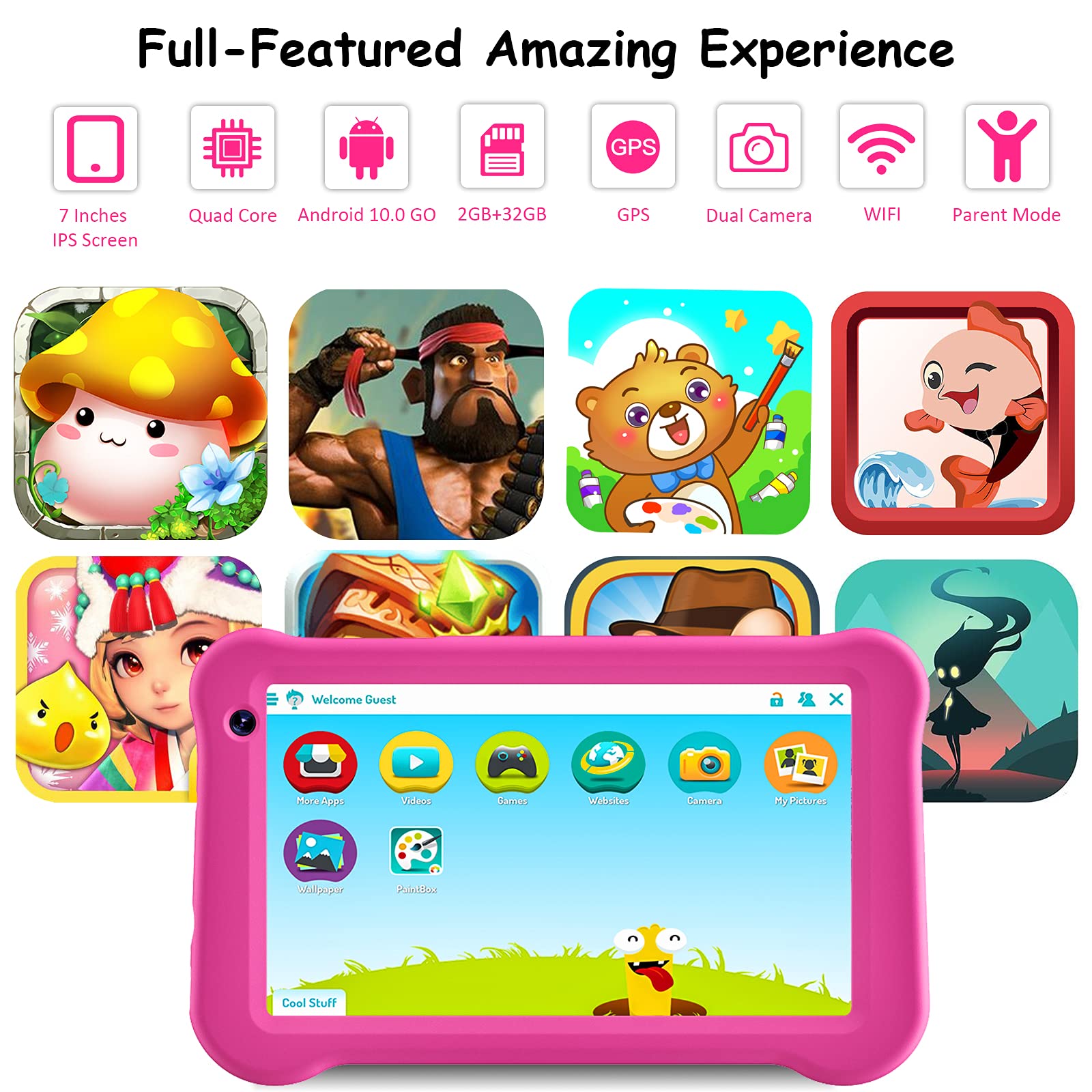 Tablet for Kids, 2GB RAM, 32GB Storage,7 Inch IPS Display, Android 10 Kids Tablet, Parental Control, Tablet with Kids-Proof Case, Pink