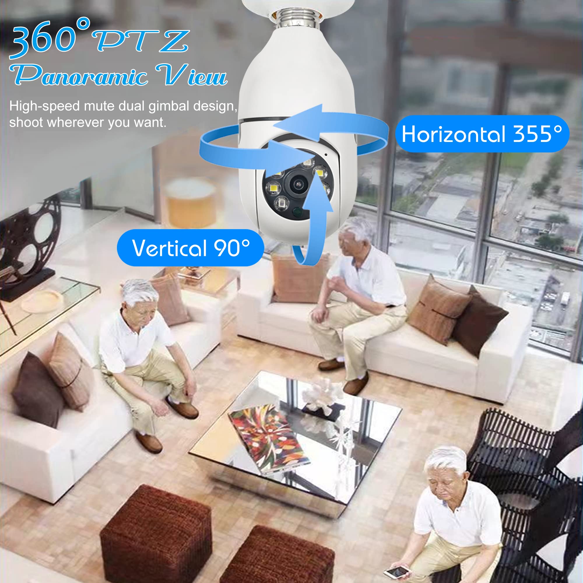 Elytsemoh 1080P Smart Home Surveillance Camera, E27 Bulb Camera, 360 Degree Panoramic Wireless Security PTZ Camera, 2.4GHz WiFi, Night Vision, Two Way Audio, Smart Tracking, Motion Detection