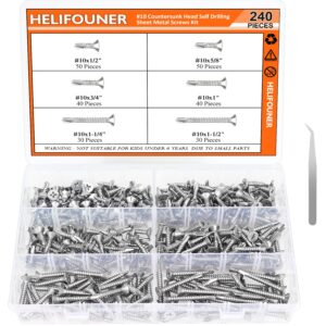 helifouner #10 x1/2", 5/8", 3/4", 1", 1-1/4", 1-1/2" self drilling screws sheet metal screws assortment kit, 410 stainless steel (#10 countersunk head)