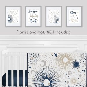 Sweet Jojo Designs Star and Moon Wall Art Prints Room Decor for Baby, Nursery, and Kids - Set of 4 - Navy Blue, Gold, and Grey Celestial Sky