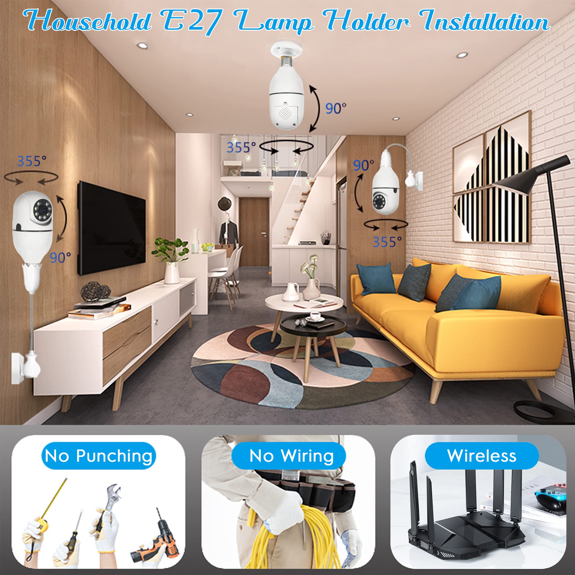 Elytsemoh 1080P Smart Home Surveillance Camera, E27 Bulb Camera, 360 Degree Panoramic Wireless Security PTZ Camera, 2.4GHz WiFi, Night Vision, Two Way Audio, Smart Tracking, Motion Detection