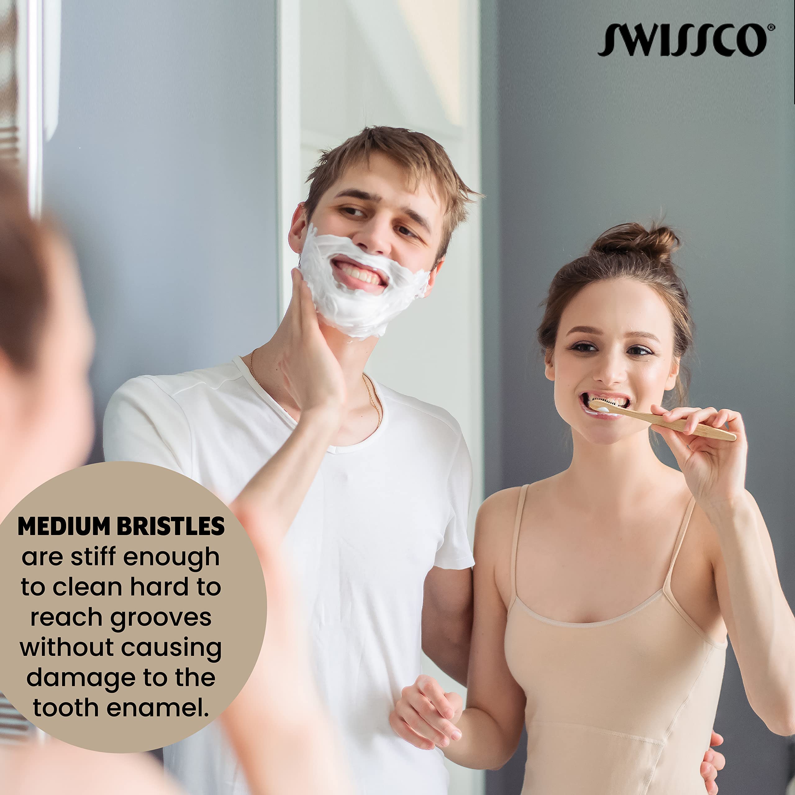 Swissco Bamboo Charcoal Toothbrushes Teeth Whitening Medium Toothbrush for Adults | Biodegradable Toothbrush | Eco Friendly Wooden Toothbrushes | 5-Pack