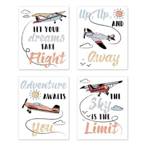 sweet jojo designs vintage airplane wall art prints room decor for baby nursery kids - set of 4 - grey yellow orange red white blue airplanes air plane transportation clouds sun sky aviator aviation