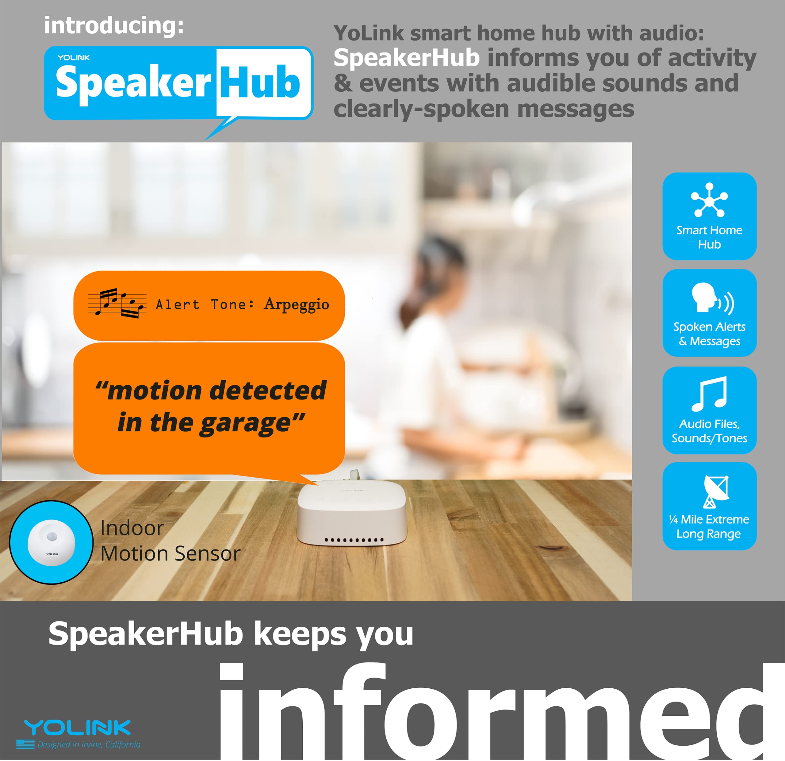 YoLink SpeakerHub & Two Motion Sensor Smart Home and Security Kit – Audio Hub Plays Tones/Sounds, Spoken Messages, LoRa-Powered ¼ Mile Range, WiFi Required