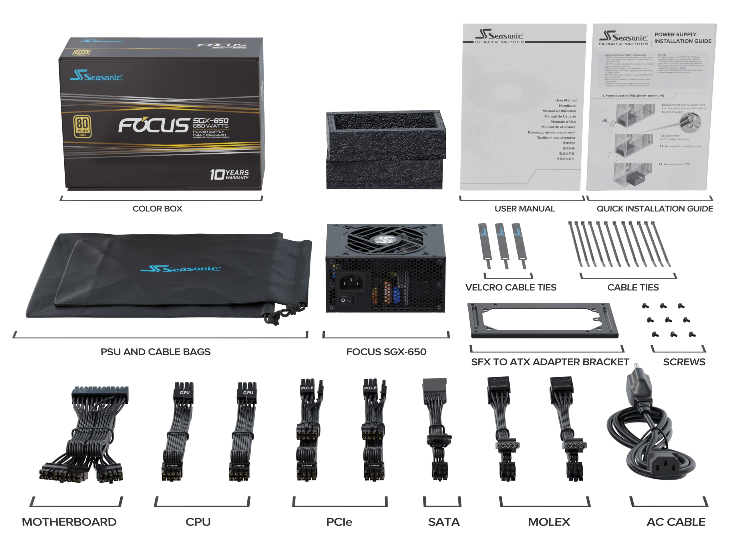 Seasonic Focus SGX-650 | 650W | 80+ Gold | Full-Modular | SFX Form Factor | Low Noise | Premium Japanese Capacitor | 10 Year Warranty | Nvidia RTX 30/40 Super & AMD GPU Compatible (Ref. SSR-650SGX)