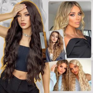 YOGFIT Clip in Long Wavy Synthetic Hair Extension 24 Inch 6PCS Balayage Blonde with Light Blonde Tips Thick Hairpieces Natural Soft Synthetic Fiber Double Weft for Women