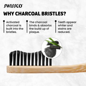 Swissco Bamboo Charcoal Toothbrushes Teeth Whitening Medium Toothbrush for Adults | Biodegradable Toothbrush | Eco Friendly Wooden Toothbrushes | 5-Pack