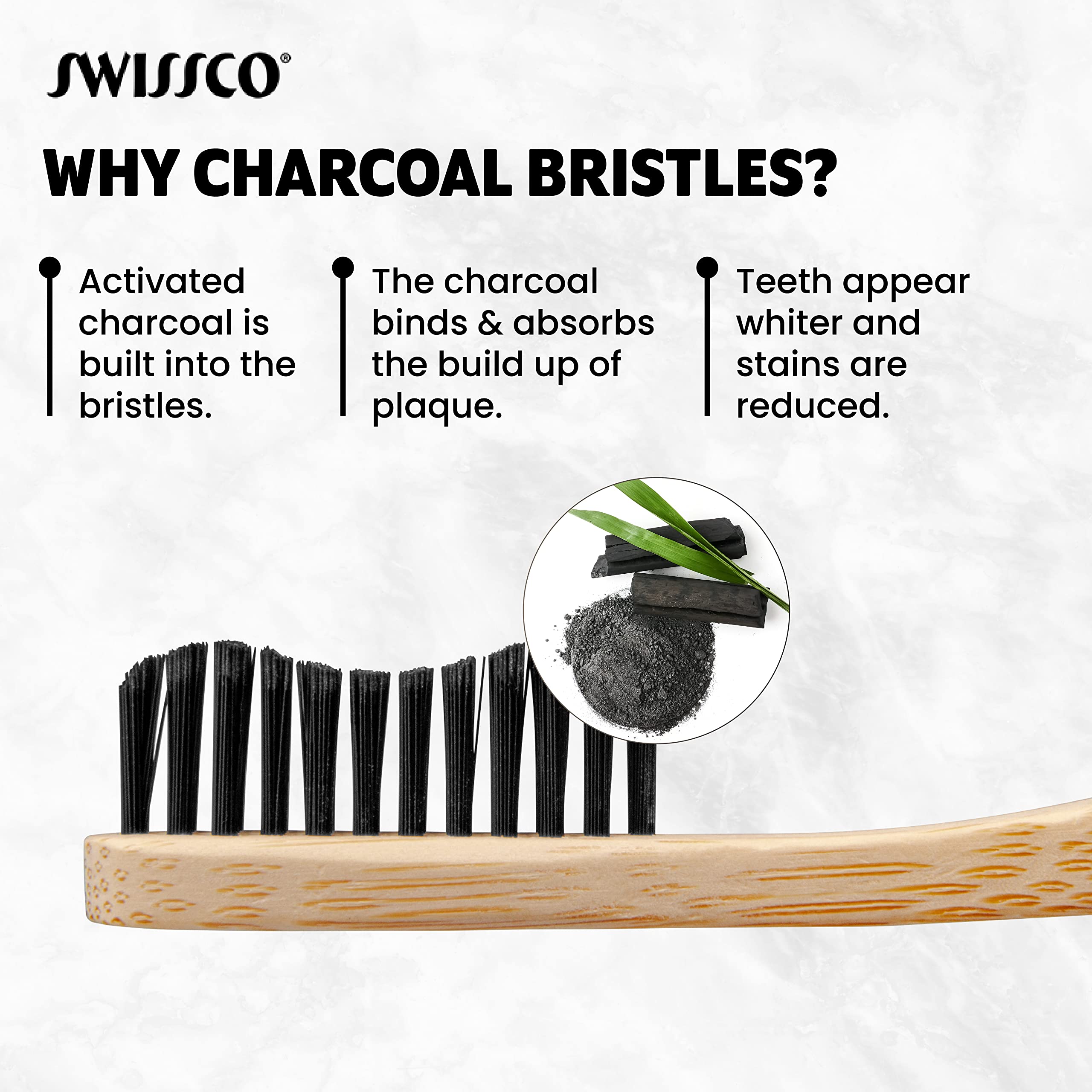 Swissco Bamboo Charcoal Toothbrushes Teeth Whitening Medium Toothbrush for Adults | Biodegradable Toothbrush | Eco Friendly Wooden Toothbrushes | 5-Pack