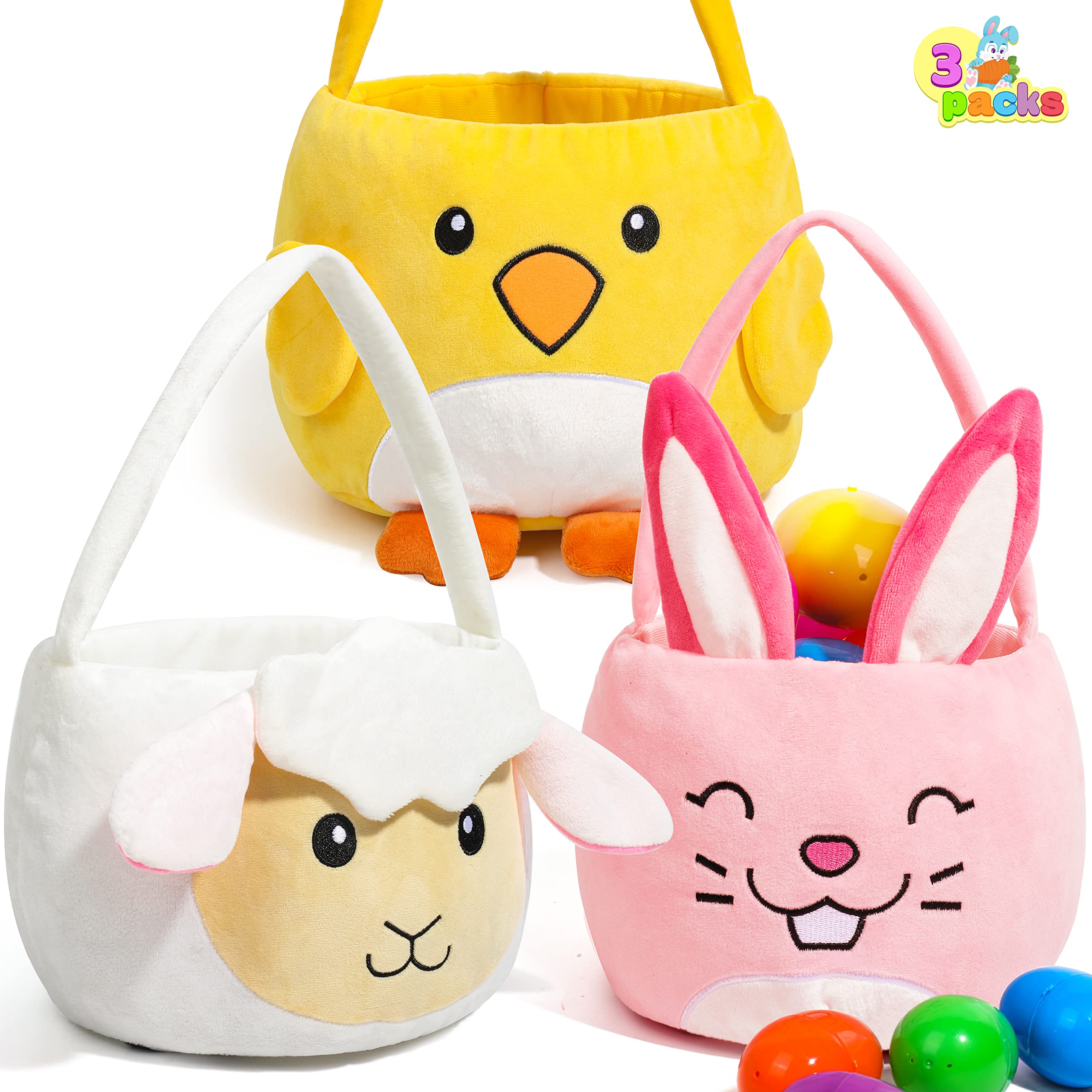 JOYIN 3 Plush Easter Baskets 12.8"x8.7" Cute Bunny & Chicken & Sheep Basket with Handles for Baby Kids Easter Egg Hunting, Party Supplies, Decorations, Gifts