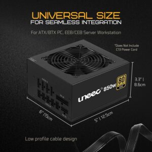 Uneec 850 Watt Power Supply 80 Plus Gold Fully Modular PC ATX Computer PSU 850W with UL CE Quality Standards, Quiet Cooling Fan, Supports Gaming STI Crossfire Game, Dual CPU, Active PFC Auto Adapter