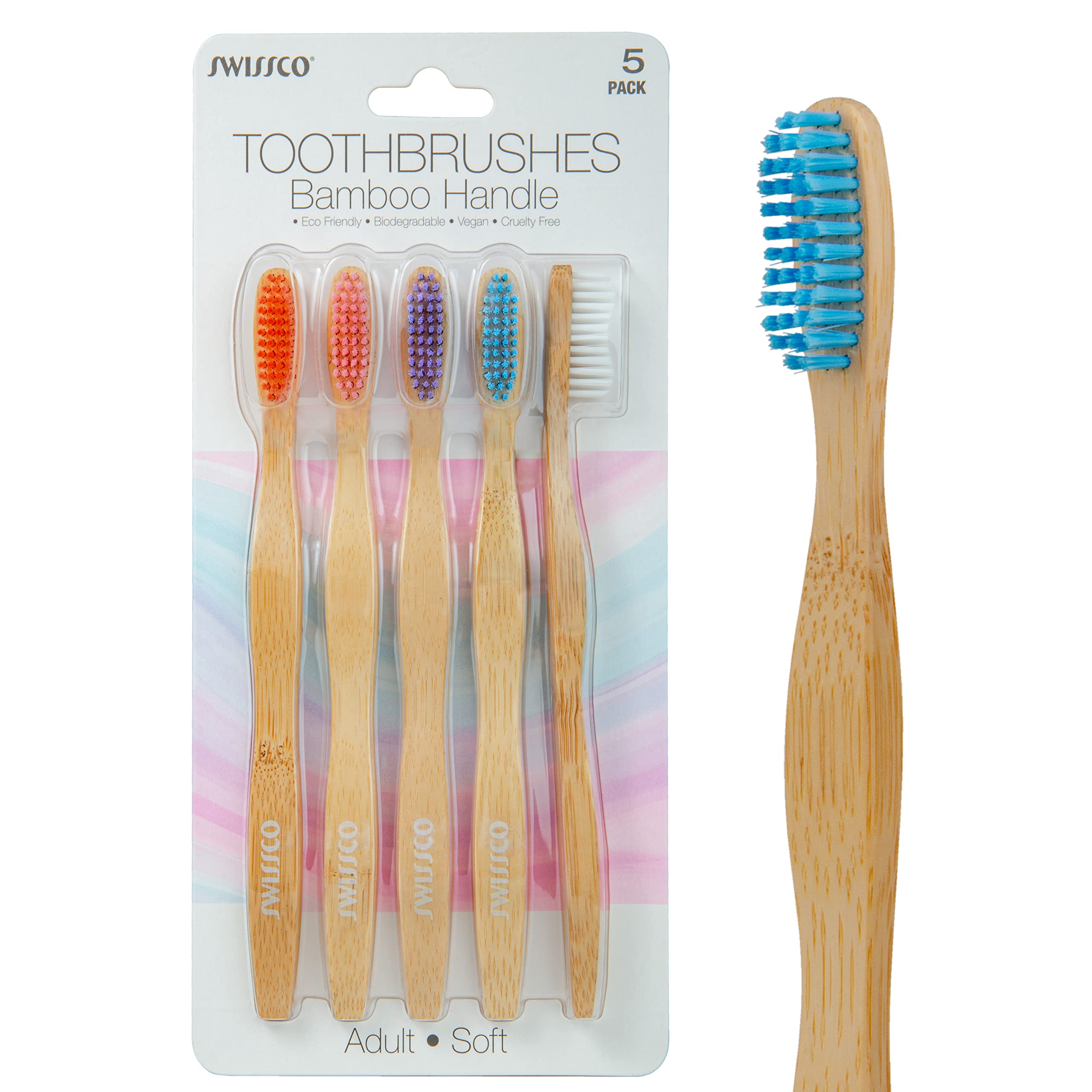 Swissco Soft Bristle Manual Bamboo Toothbrushes Pack of 5 Soft Toothbrushes for Adults | Biodegradable Eco Friendly Wooden Toothbrushes