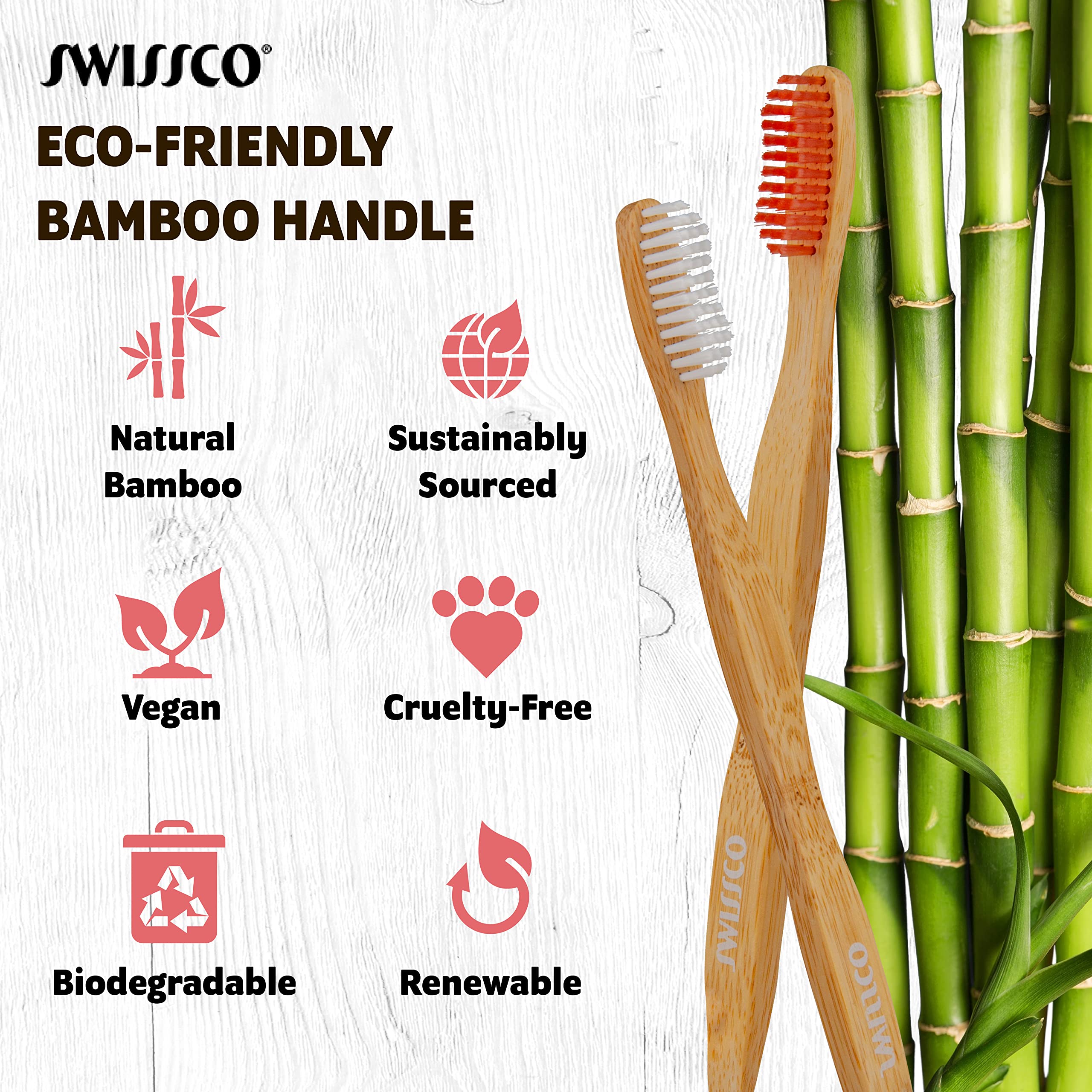 Swissco Soft Bristle Manual Bamboo Toothbrushes Pack of 5 Soft Toothbrushes for Adults | Biodegradable Eco Friendly Wooden Toothbrushes