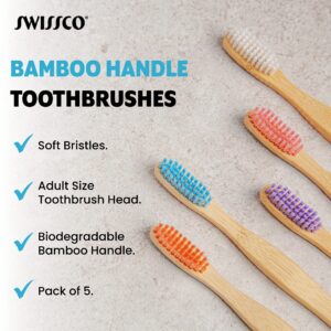 Swissco Soft Bristle Manual Bamboo Toothbrushes Pack of 5 Soft Toothbrushes for Adults | Biodegradable Eco Friendly Wooden Toothbrushes