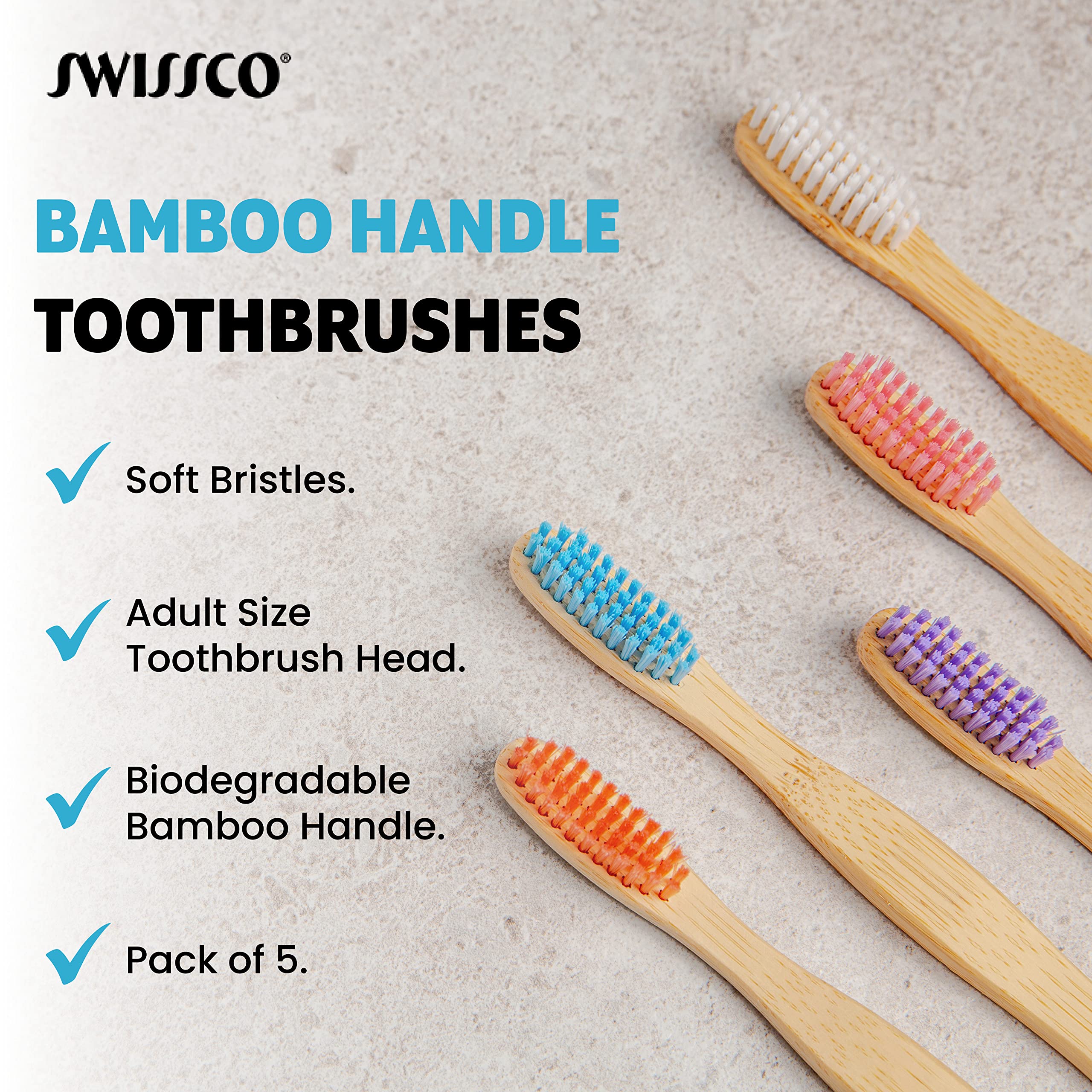 Swissco Soft Bristle Manual Bamboo Toothbrushes Pack of 5 Soft Toothbrushes for Adults | Biodegradable Eco Friendly Wooden Toothbrushes