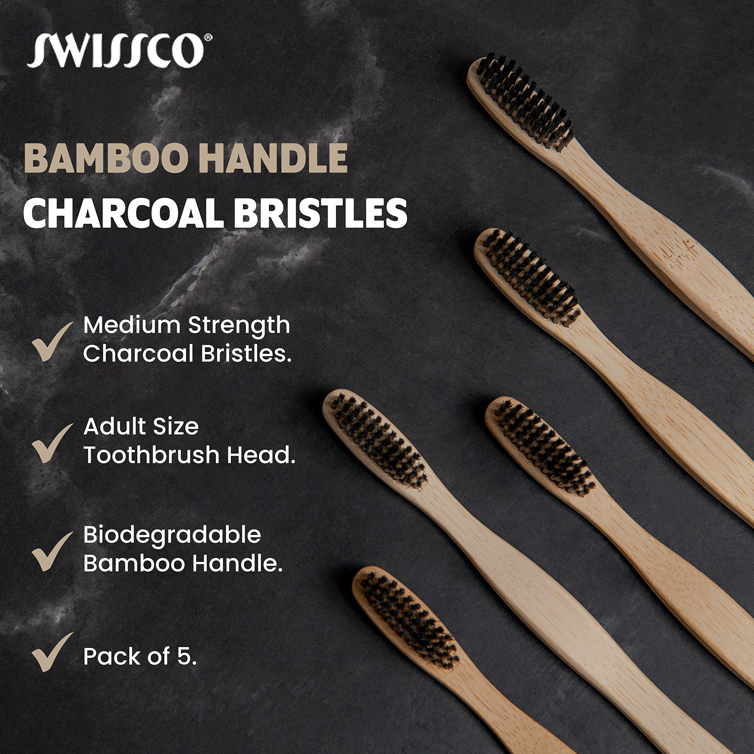 Swissco Bamboo Charcoal Toothbrushes Teeth Whitening Medium Toothbrush for Adults | Biodegradable Toothbrush | Eco Friendly Wooden Toothbrushes | 5-Pack