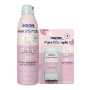 coppertone pure and simple baby mineral sunscreen pack, hypoallergenic and tear free sunscreen for babies, baby sunscreen spray spf 50, 5 oz can + baby sunscreen stick spf 50, 0.49 oz