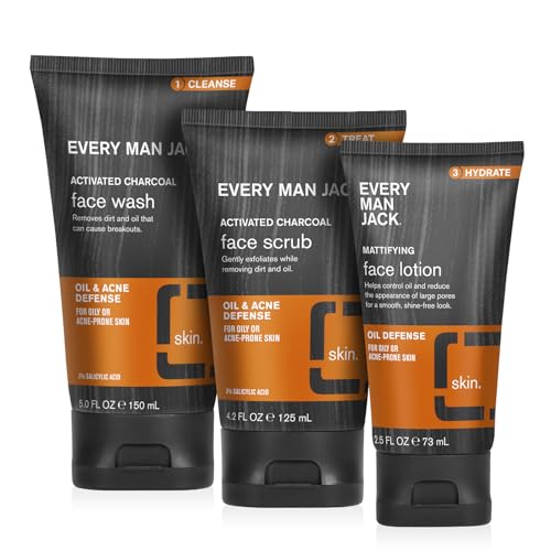 Every Man Jack Activated Charcoal Oil and Acne Defense Face Scrub for Men - Exfoliate Away Dry, Dead Skin, and Deep Clean to Remove Dirt and Oil with Natural Jojoba Beads - 4.2oz - 2pack