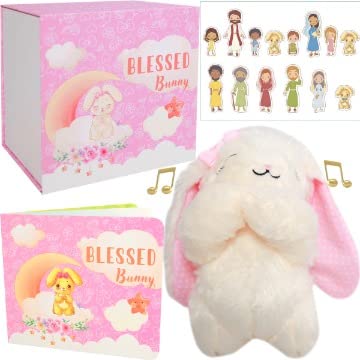 Musical 6pc Gift Set- Baptism Gifts for Girls. Christening / Dedication Gift Set Includes 6pc Musical Praying Bunny Plush Toy, Baby Prayer Storybook, Story Characters Stickers, Card and Keepsake Box