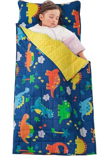 Sivio Nap Mat Weighted Blanket 3lbs, Weighted Nap Mat Blanket with Detachable Pillow, 50 x 20 Inches, Blue Dinosaur