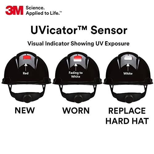 SecureFit 3M Hard Hat H-712SFV-UV, Black, Vented Cap Style Safety Helmet with Uvicator Sensor, 4-Point Pressure Diffusion Ratchet Suspension, ANSI Z87.1