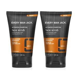 every man jack activated charcoal oil and acne defense face scrub for men - exfoliate away dry, dead skin, and deep clean to remove dirt and oil with natural jojoba beads - 4.2oz - 2pack