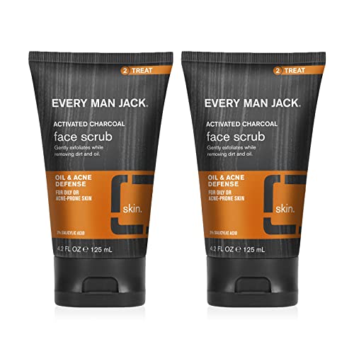 Every Man Jack Activated Charcoal Oil and Acne Defense Face Scrub for Men - Exfoliate Away Dry, Dead Skin, and Deep Clean to Remove Dirt and Oil with Natural Jojoba Beads - 4.2oz - 2pack