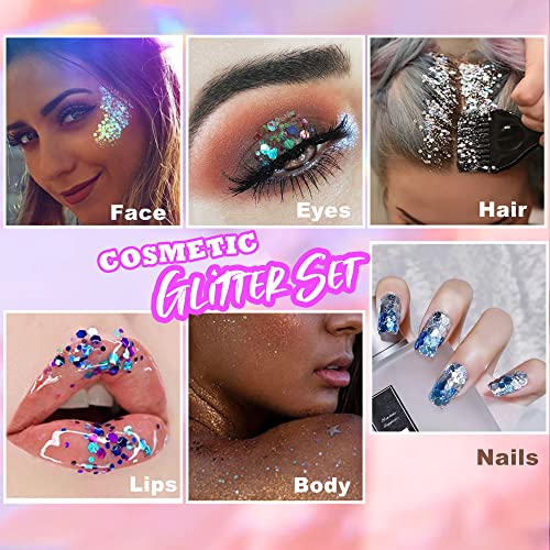 Face Glitter Makeup, Holographic Chunky Face Body Glitter, Glitter Eyeshadow Cosmetic Laser Powder for Face Hair Nails, Festival Body Glitter Makeup