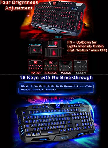 Tri-Color Backlit Gaming Keyboard USB Wired Floating Keyboard, Powered Full N-Key Game Keyboard, Quiet Ergonomic Water-Resistant Mechanical Feeling Keyboard,for Desktop, Computer, PC（Black）