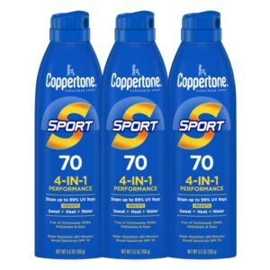 coppertone sport sunscreen spray spf 70, water resistant sunscreen, broad spectrum spf 70 sunscreen, bulk sunscreen pack, 5.5 oz spray, pack of 3