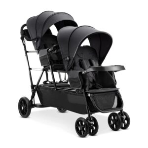 joovy big caboose triple stroller with rear bench and standing platform, reclining seats, optional rear seat, and two universal car seat adapters, jet