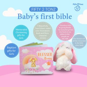 Musical 6pc Gift Set- Baptism Gifts for Girls. Christening / Dedication Gift Set Includes 6pc Musical Praying Bunny Plush Toy, Baby Prayer Storybook, Story Characters Stickers, Card and Keepsake Box