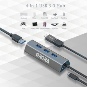 GRORA 4-Port USB Hub, Aluminum Alloy Data USB 3.0 hub with 2.5 ft Extended Cable and USB Adapter, Suitable for Mac Pro, iMac, PC, MacBook, laptops, iPad, PS4/5, Mobile HDD, Flash Drive, and More