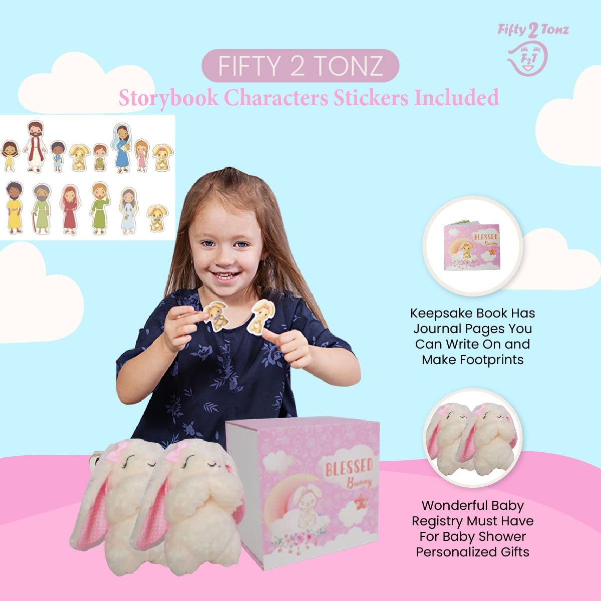 Musical 6pc Gift Set- Baptism Gifts for Girls. Christening / Dedication Gift Set Includes 6pc Musical Praying Bunny Plush Toy, Baby Prayer Storybook, Story Characters Stickers, Card and Keepsake Box