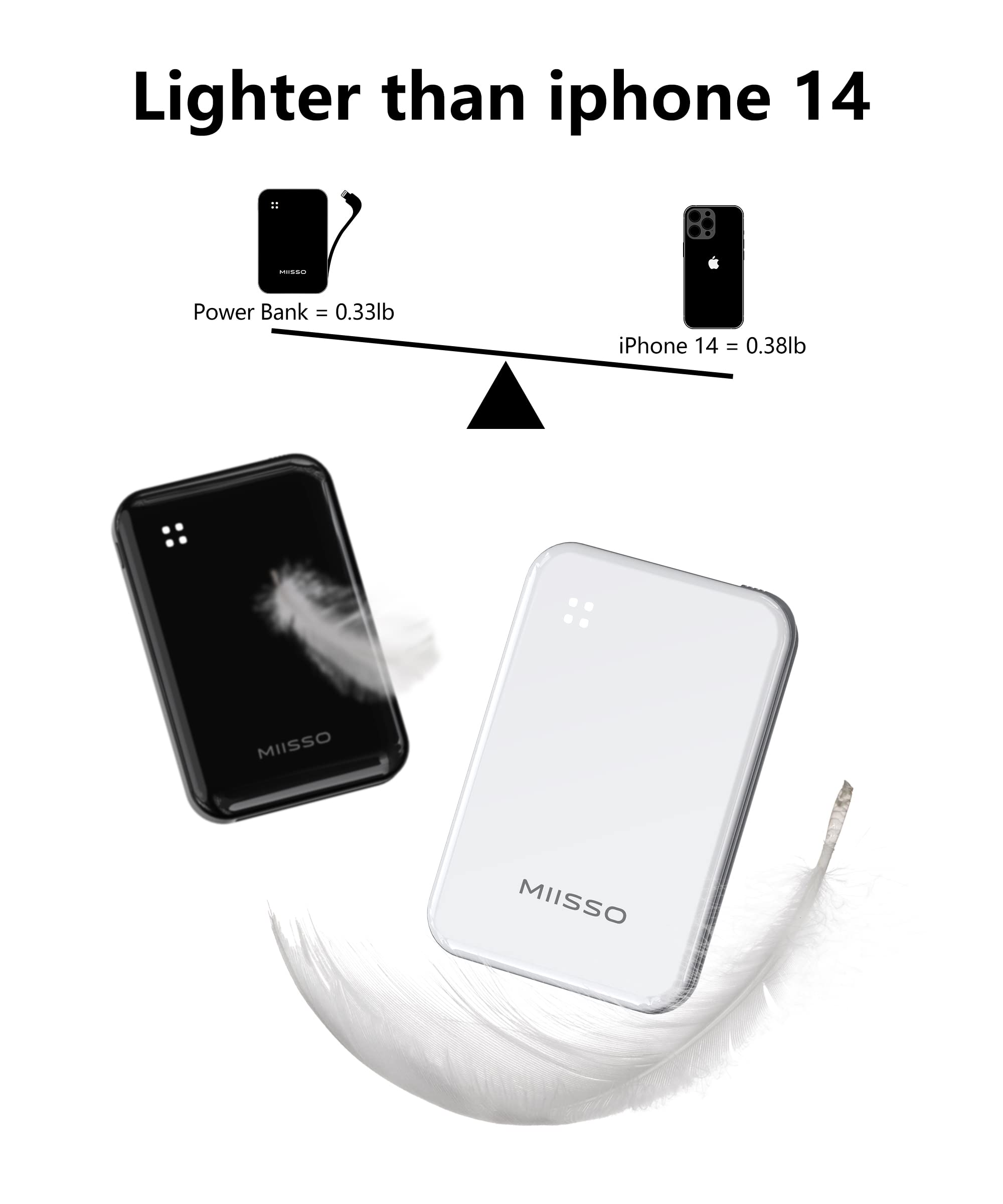 REDISONA Small Portable Charger 4500mAh Power Bank with Built-in Cable, Mini External Battery Pack Compatible with iPhone 14/14 Pro/14 Plus/14 Pro Max/13/12/11/X/8/7/6 Airpods, White