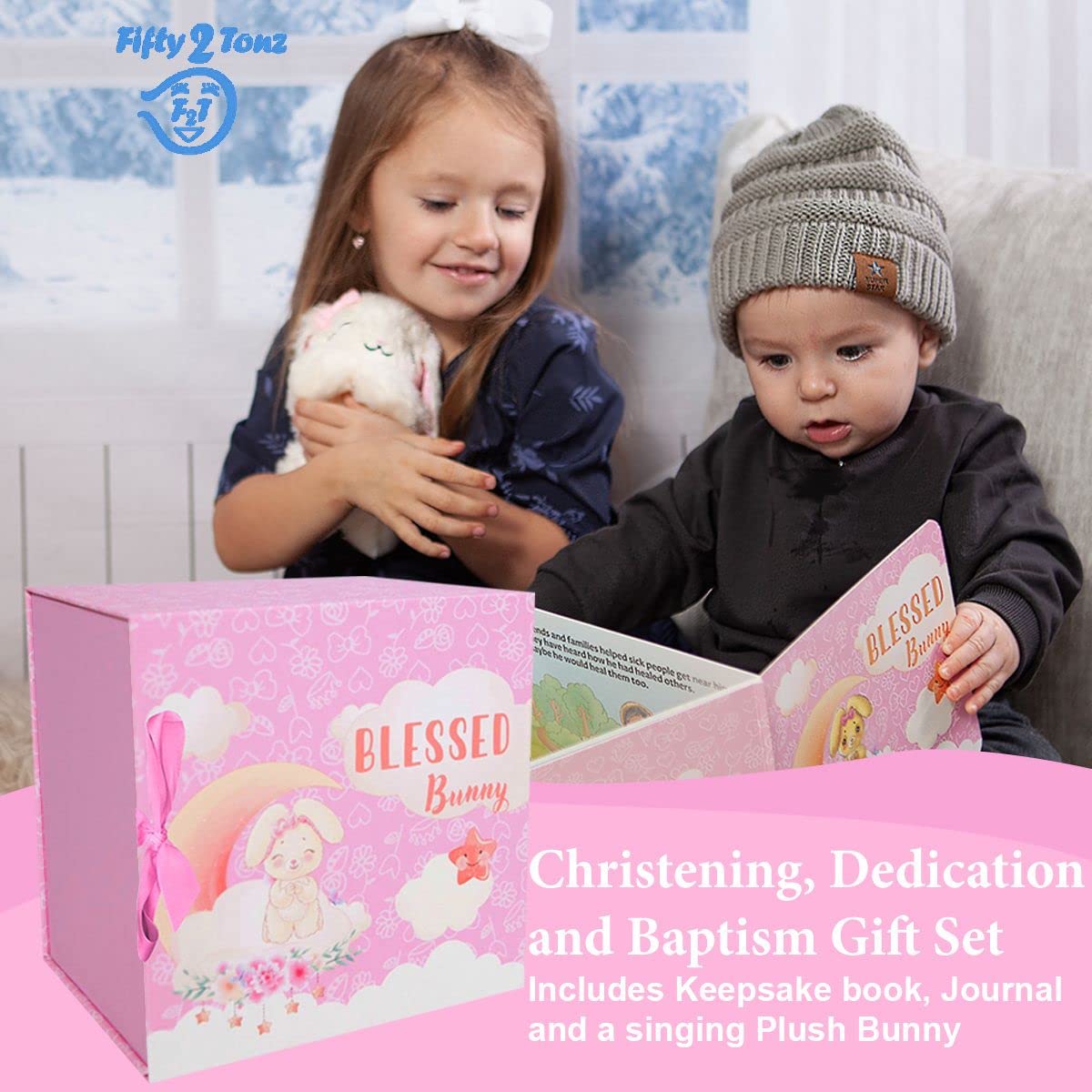 Musical 6pc Gift Set- Baptism Gifts for Girls. Christening / Dedication Gift Set Includes 6pc Musical Praying Bunny Plush Toy, Baby Prayer Storybook, Story Characters Stickers, Card and Keepsake Box