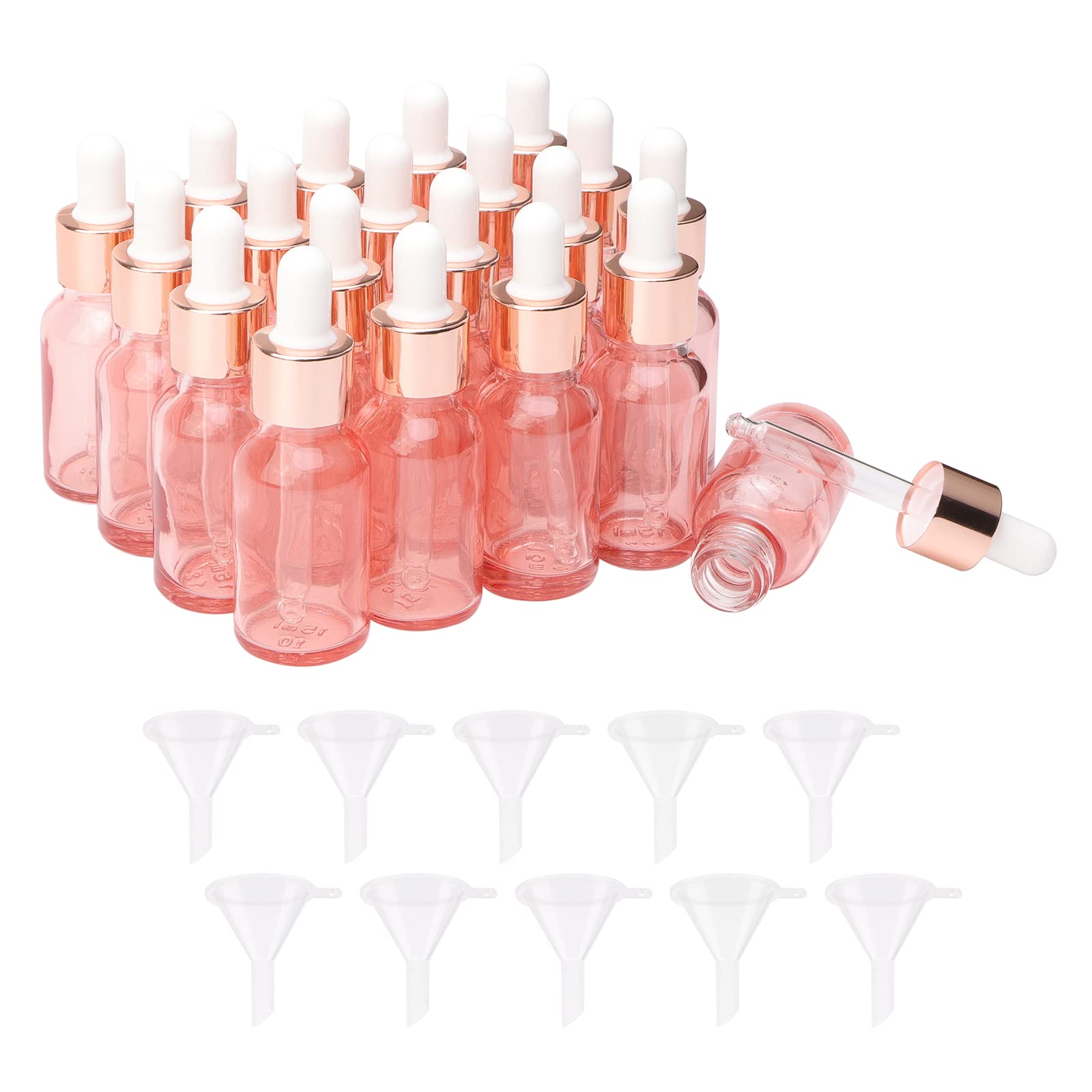 JIUWU 20Pcs 15ml Glass Dropper Bottles with Glass Eye Pipette, Pink Sample Dropper Vials Empty Travel Essential Oil Perfume Glass Tincture Bottles Vials, 5 Funnel Include