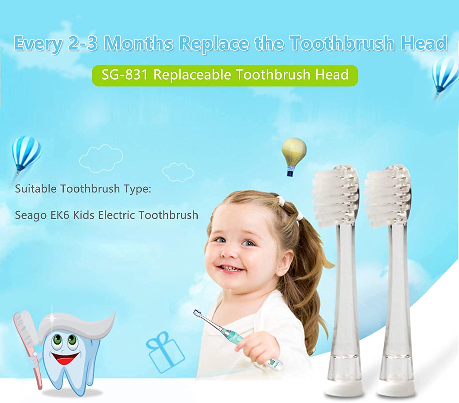 4 Pack Baby Kids Toothbrush Heads, Electric Toothbrush Replacement Heads Compatible with Dada-Tech DT-BB1, DT-977, DT-K6; Compatible with Brush-Baby WildOnes/KidzSonic; for Seago SG513/977, 3-12 Year