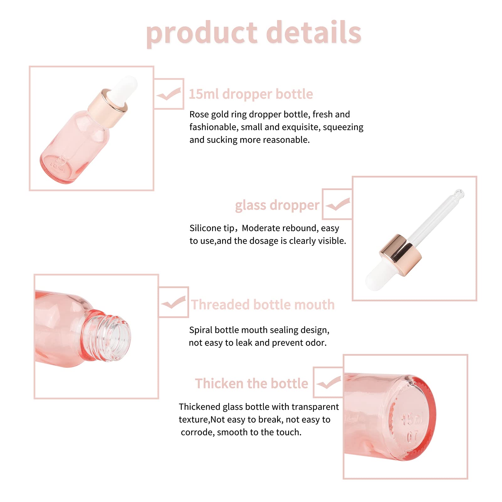 JIUWU 20Pcs 15ml Glass Dropper Bottles with Glass Eye Pipette, Pink Sample Dropper Vials Empty Travel Essential Oil Perfume Glass Tincture Bottles Vials, 5 Funnel Include