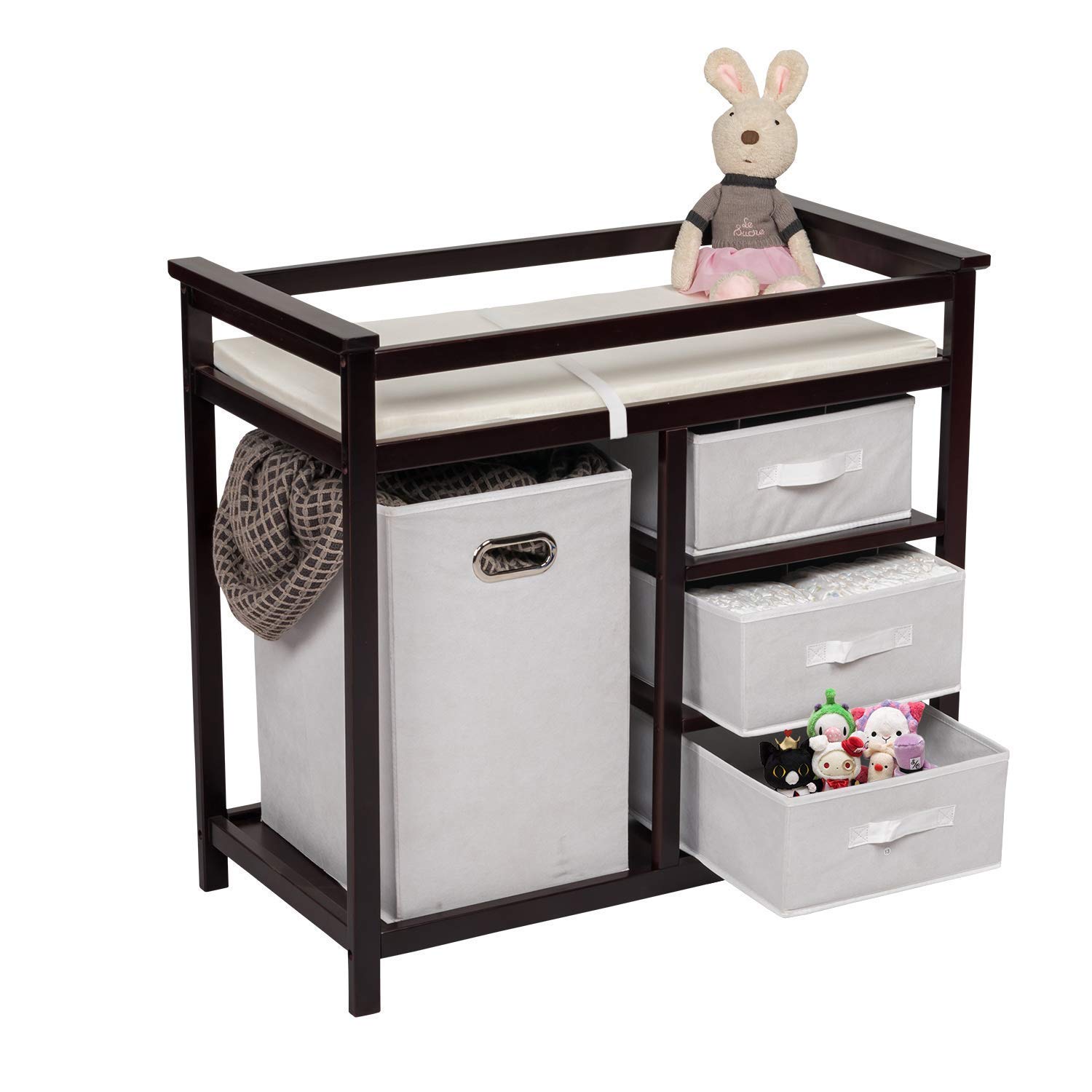 Kinquat Baby Changing Table w/Drawers and Hamper Bag - Changing Table Station, Changing Table Dresser, Changing Table Topper for Baby and Mom, Cherry