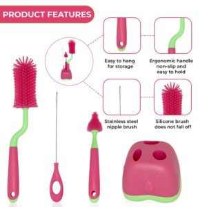 Triplevo 3 in 1 Silicone Baby Bottle Cleaning Brush Kit with Stand – Baby Cleaning Brush Set for Baby Milk Bottles Straws Breast Pumps & Other Accessories – Capable to 360° Overall Cleaning (Mint)