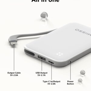 REDISONA Small Portable Charger 4500mAh Power Bank with Built-in Cable, Mini External Battery Pack Compatible with iPhone 14/14 Pro/14 Plus/14 Pro Max/13/12/11/X/8/7/6 Airpods, White