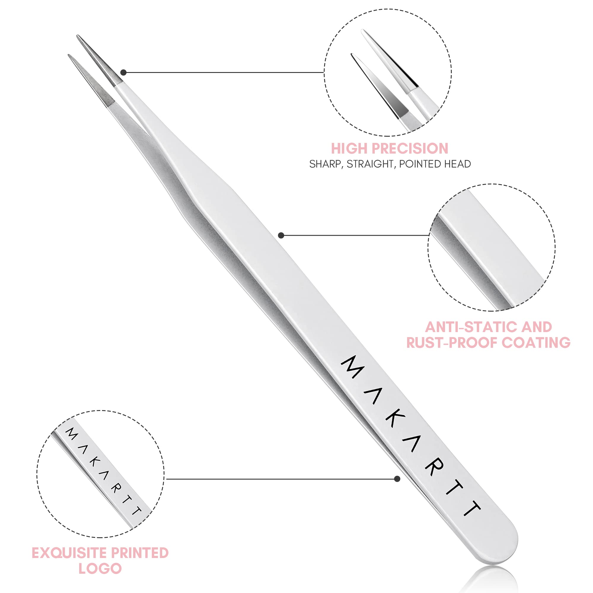 Makartt 2Pcs Straight Nail Tweezers Probe Tips Metal Precision Tweezers for Nail Art Picking Gems Rhinestones Acrylic Gel Stickers Eyelash Extensions Nail Tools