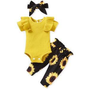 unutiylo preemie baby girl clothes ribbed pants set ruffle clothing set short sleeve sunflower summer outfits yellow