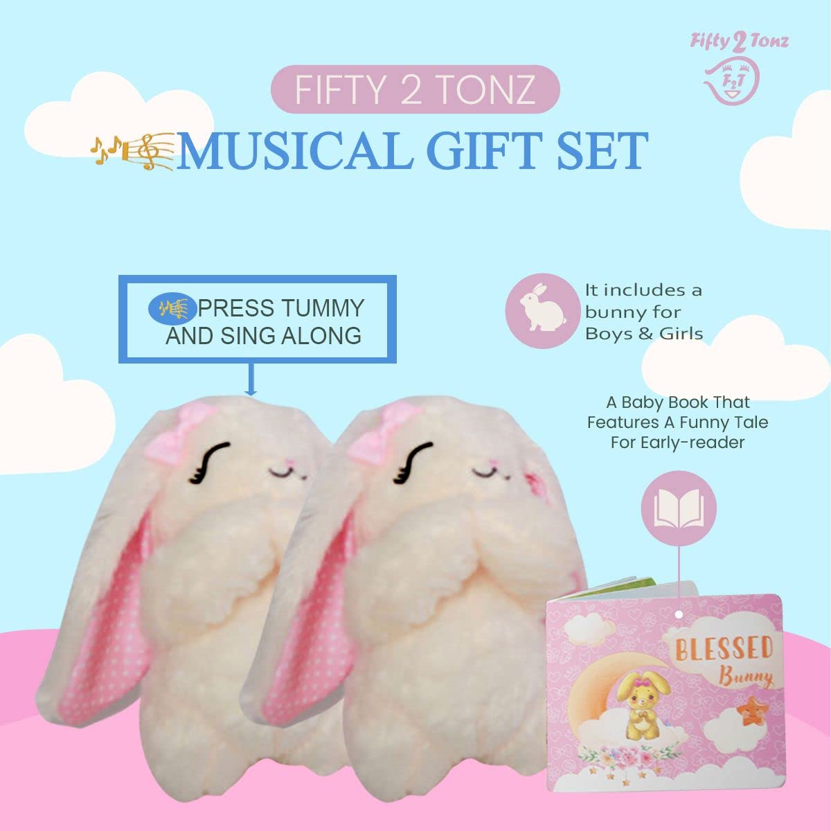 Musical 6pc Gift Set- Baptism Gifts for Girls. Christening / Dedication Gift Set Includes 6pc Musical Praying Bunny Plush Toy, Baby Prayer Storybook, Story Characters Stickers, Card and Keepsake Box