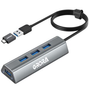 grora 4-port usb hub, aluminum alloy data usb 3.0 hub with 2.5 ft extended cable and usb adapter, suitable for mac pro, imac, pc, macbook, laptops, ipad, ps4/5, mobile hdd, flash drive, and more