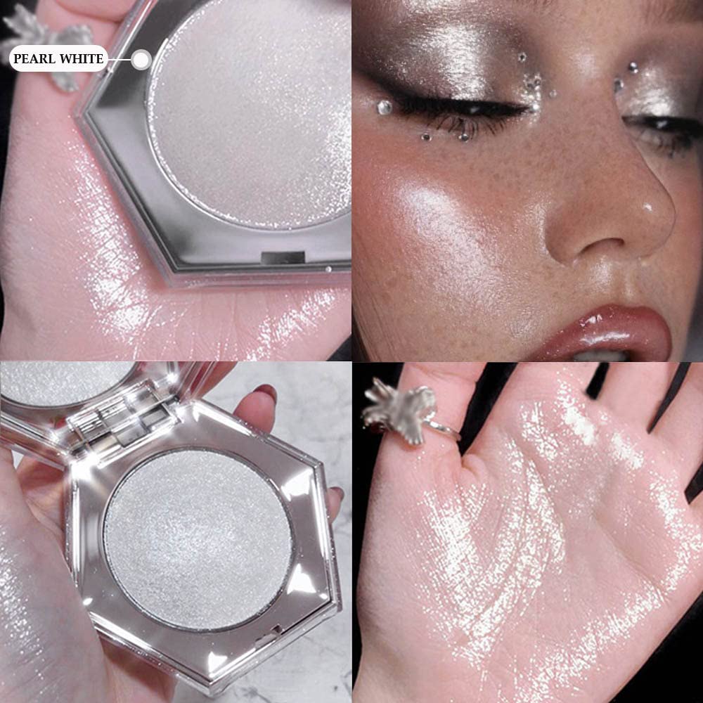 Pearl White Shimmer Glitter Highlighter Highlight Makeup Contour Powder,Silver Face Highlighter, Highlighter+Makeup iluminadores Illuminator Make Up (Shiny Silver)