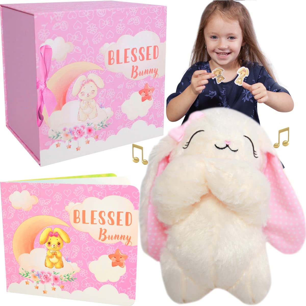 Musical 6pc Gift Set- Baptism Gifts for Girls. Christening / Dedication Gift Set Includes 6pc Musical Praying Bunny Plush Toy, Baby Prayer Storybook, Story Characters Stickers, Card and Keepsake Box