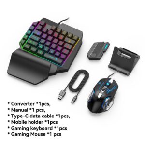 Gaming Keyboard Mouse Converter Gaming Keyboard Mouse Set RGB Gradient USB One Handed Keyboard Type C Wired Mouse Mobile Phone Holder(Mix SE automatic pressure gun set)